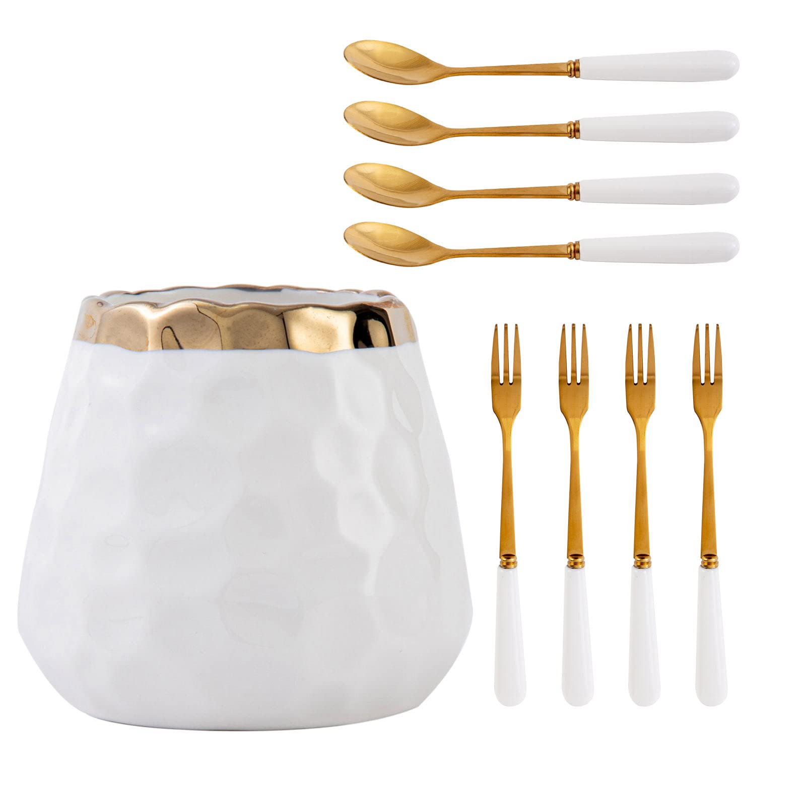 Tregoer Coffee Spoon & Dessert Fork Set,Ceramic Jar with 4 Forks and 4 Spoons for Coffee,Tea,Ice Cream,Cake,Flatware Set (White gold)
