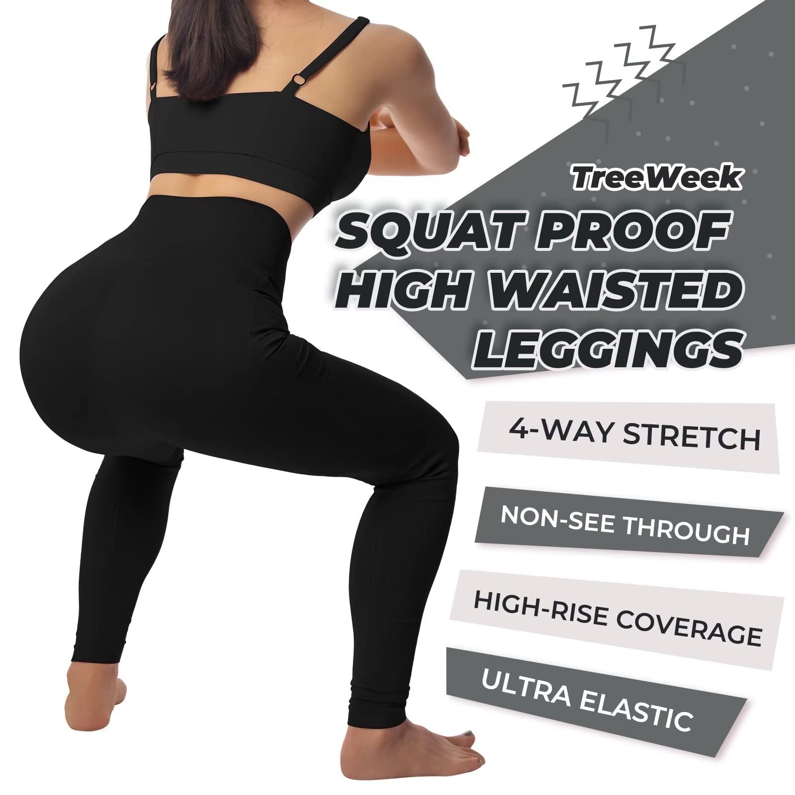 TreeWeek Women's Seamless Yoga Leggings High Waist Running Workout Rib Elastane Pants(L,Black)