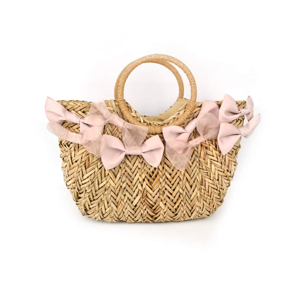 QTKJ Hand-woven Summer Beach Tote Straw Bag Holiday Handbag with 8 Cute Small Bows (Pink)