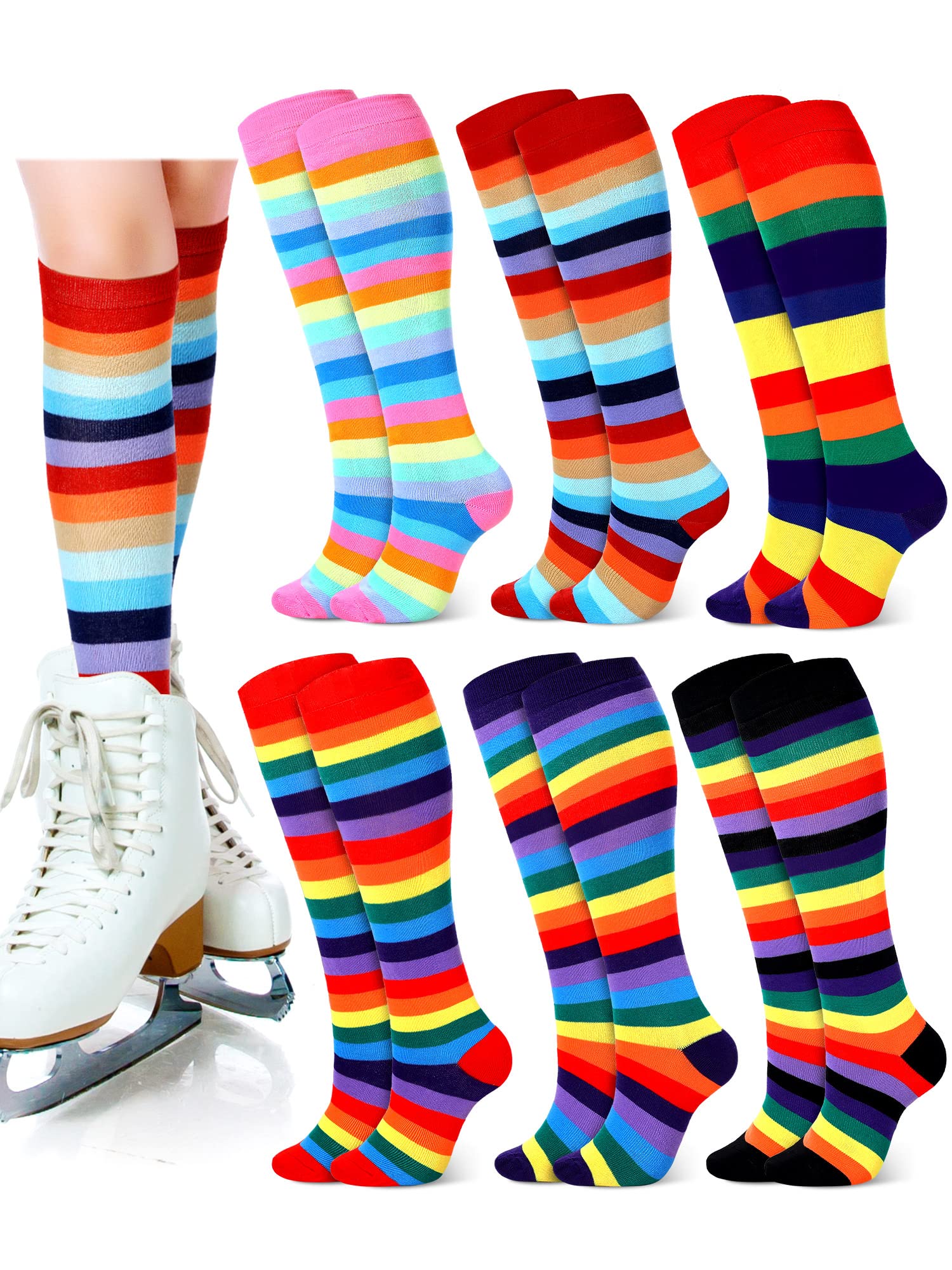 Unittype 6 Pair Rainbow Knee High Socks for Women Colorful Striped Socks Long Thigh High Stockings Tube Socks Roller Skate Socks for Adults Gift