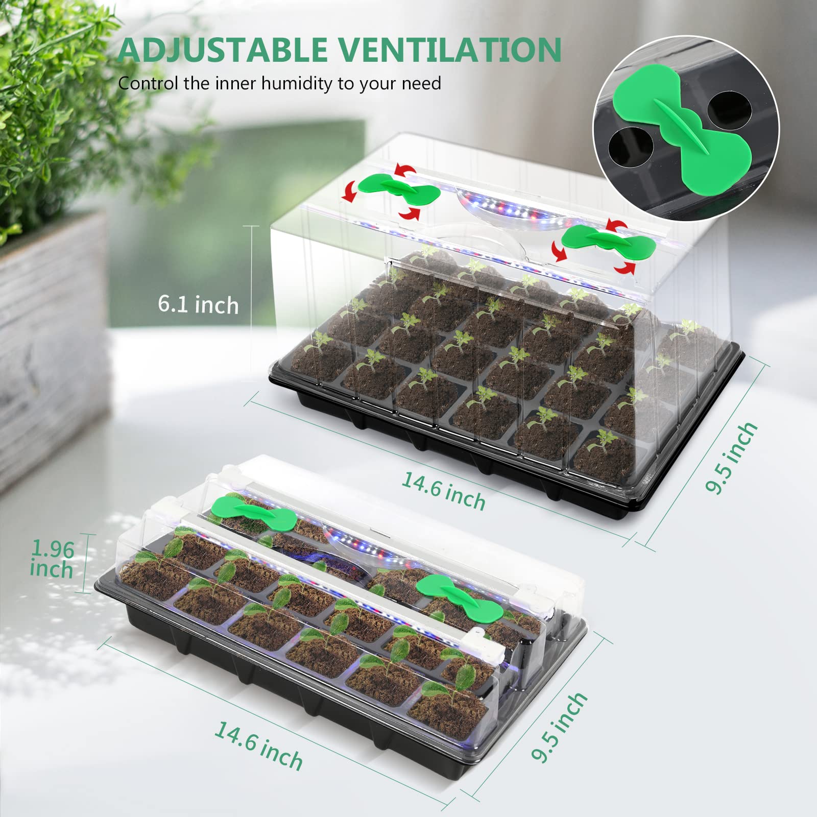 MINEGROW Seedling Starter Trays,2 Packs Seed Starter Tray with Grow Light,Seed Starter Kit with Humidity Dome,Plant Starter Trays for Indoor Plants,Grow Lights for Seed Starting (Large 14.6"*9.5"*6")
