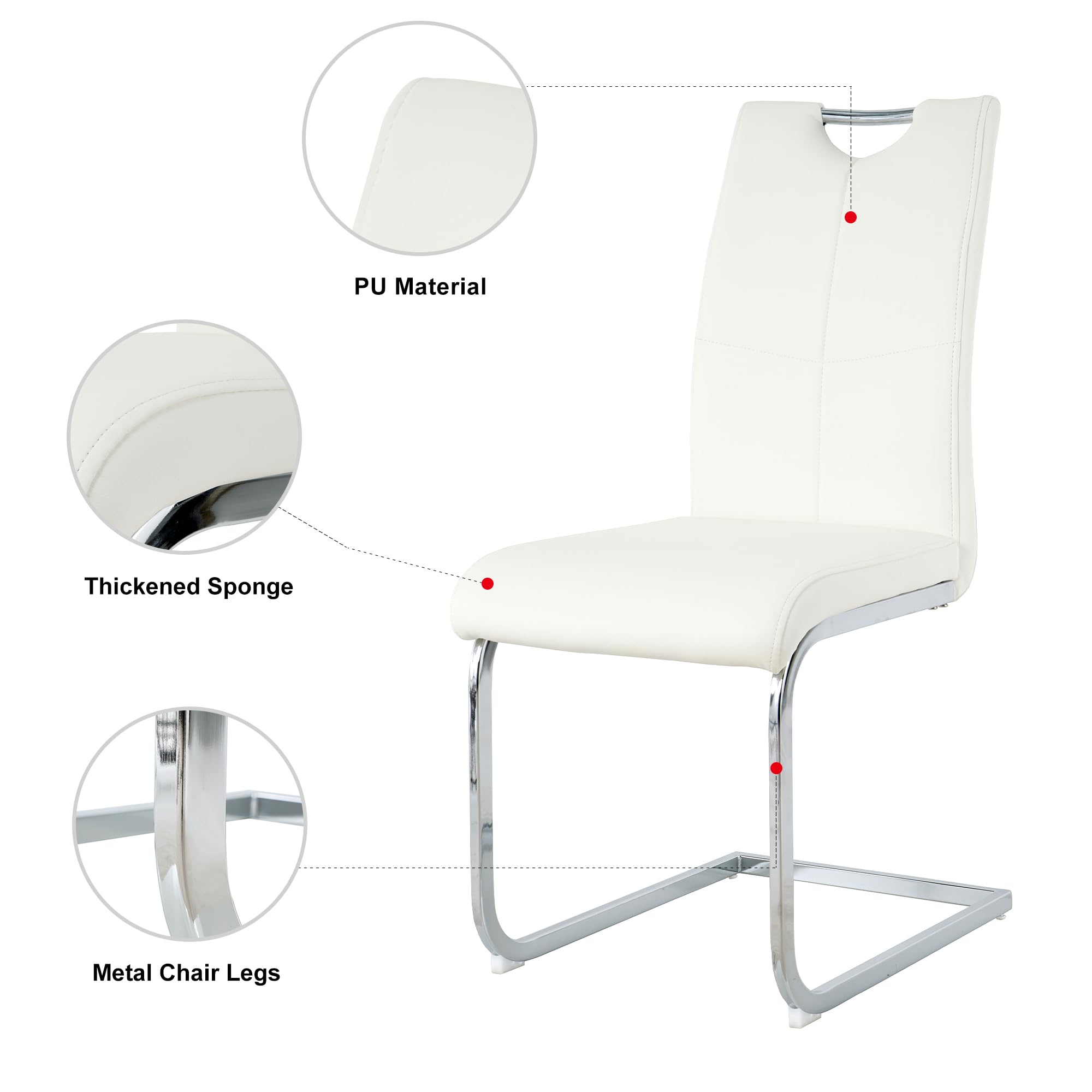 Modern Dining Chairs Set of 4 High Back Kitchen Chair with Stainless Legs 4 Piece PU Leather Chairs with Padded Seat for Dining Room Living Room Restaurant White