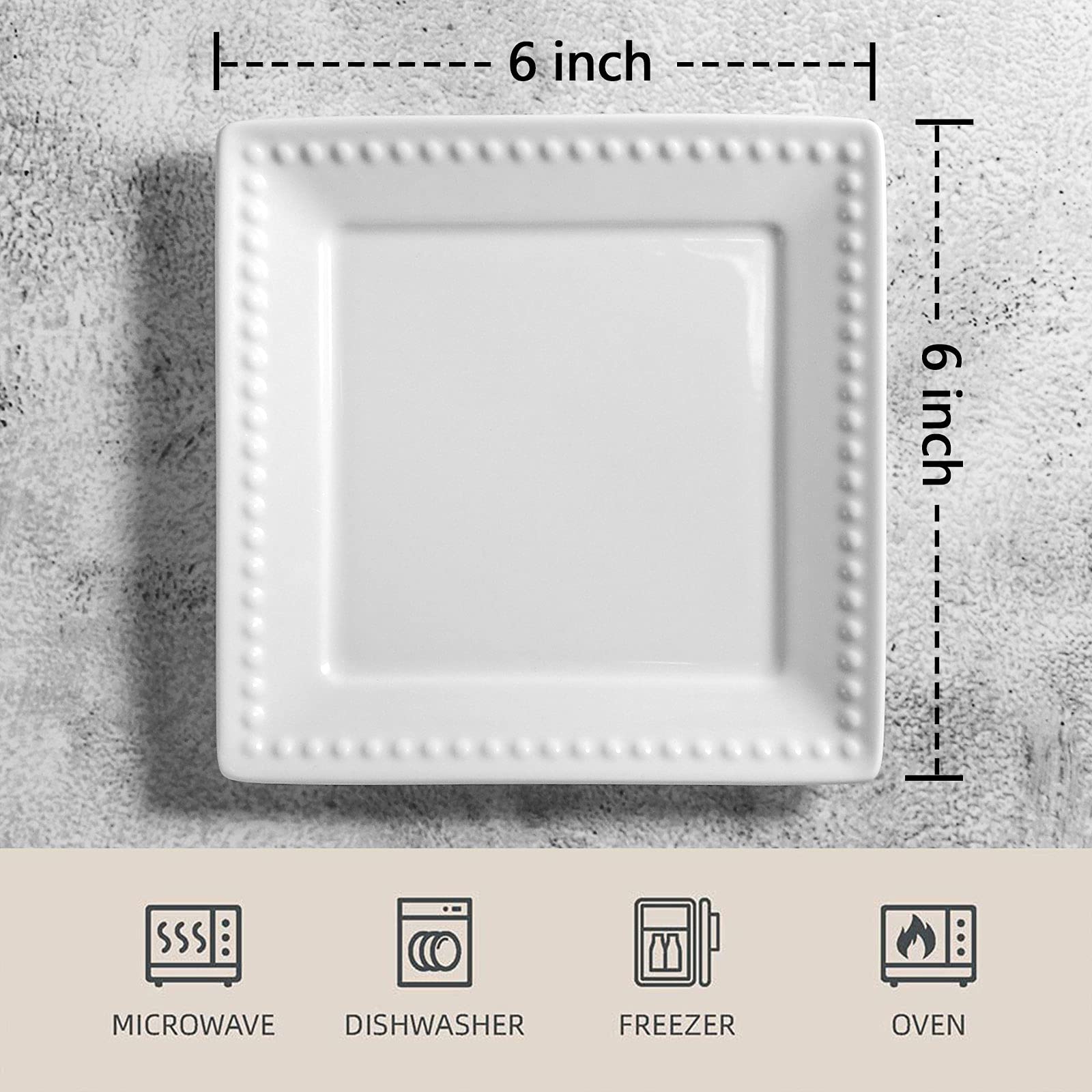 Wareland Bright White Embossed Dots Square Dessert Plates Set of 6 & 8 inch Embossed Salad Plates Set of 4