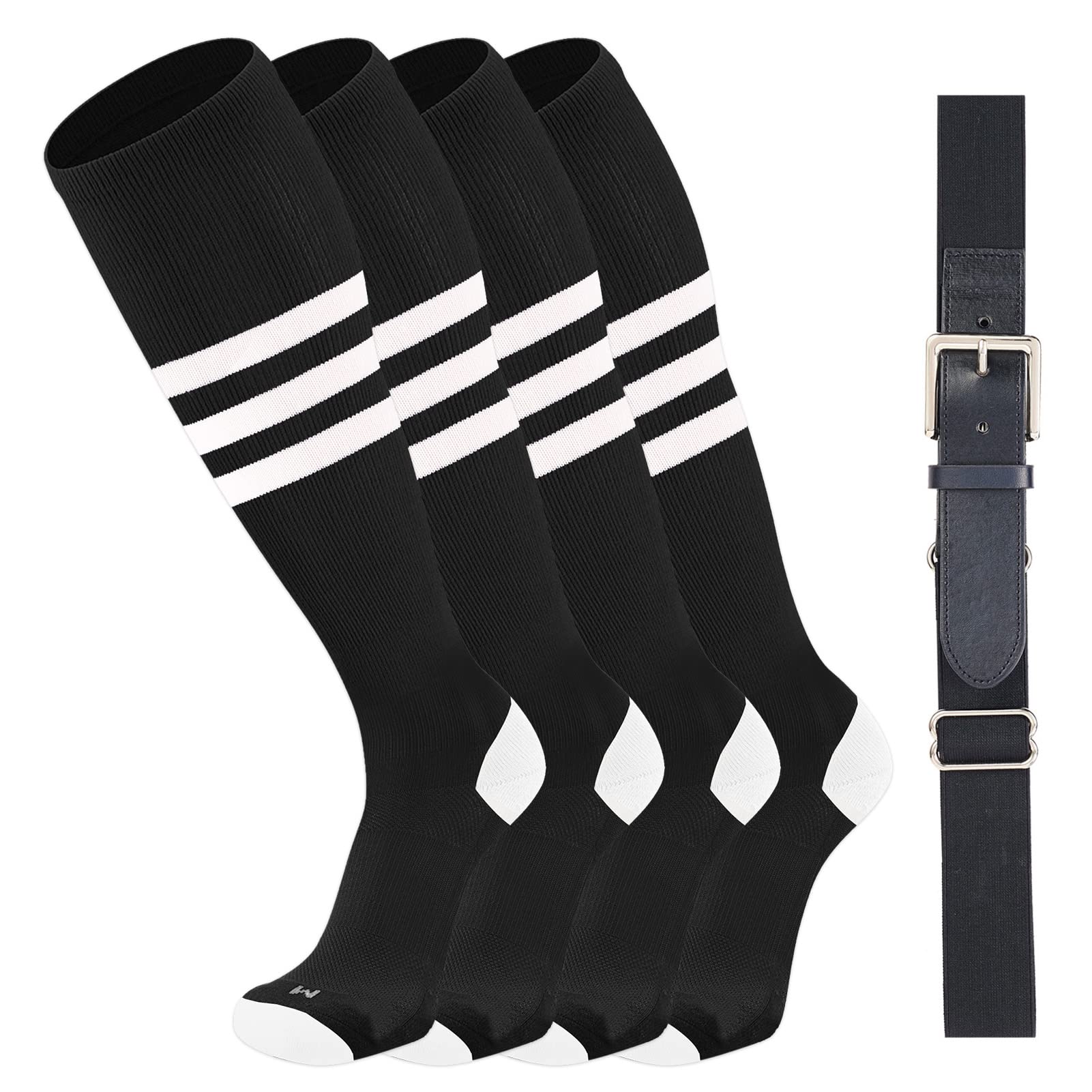 Youper Youth Striped Baseball Socks & Belt Combo (2 Pairs of Socks & 1 Belt) (Black, Large)