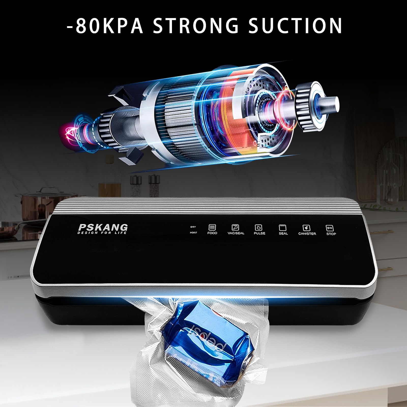 Pskang Vacuum Sealer Machine One-Touch Vacuum Sealer with Bags Rolls Storage and Cutter Automatic Air Sealing System with Vacuum Seal Bags and 1 Roll (11"x16'))