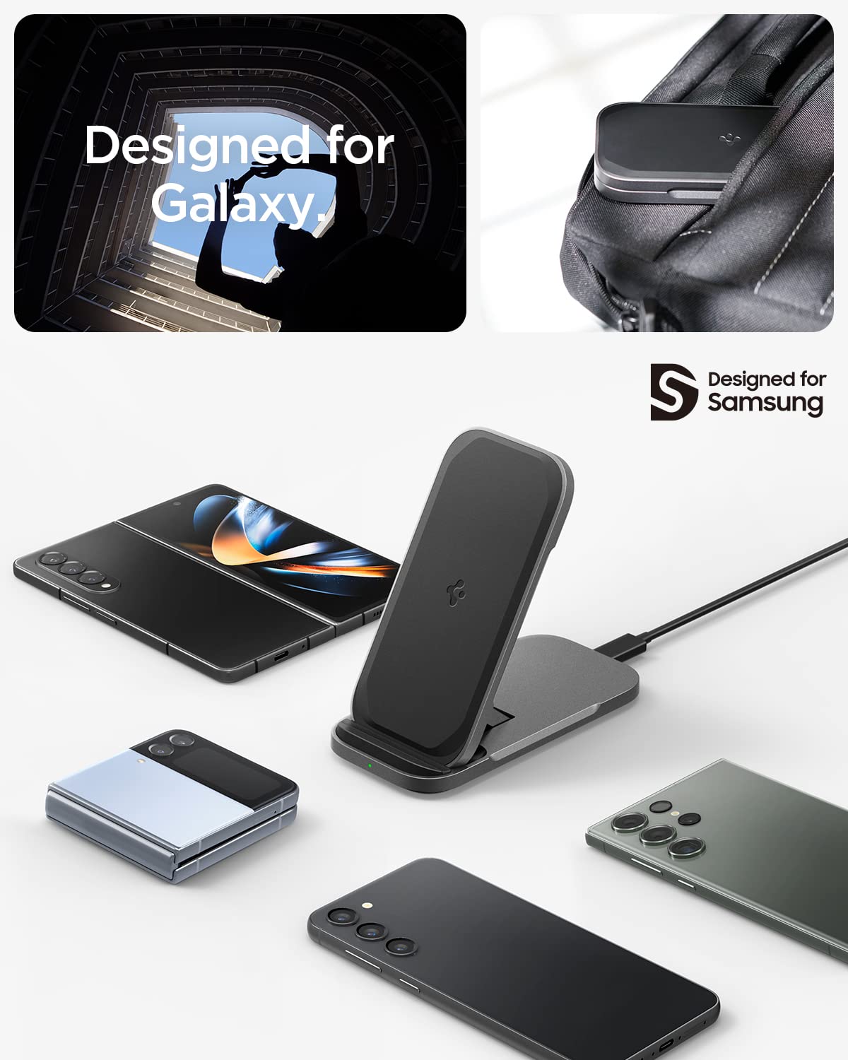 Spigen [Designed for Samsung] Qi Flex True 15W Super Fast Wireless Charger Stand & Pad for Samsung Galaxy S24 Plus Ultra S23 Z Fold Flip 5 4 S22 Note 20 S21 S20 Note 10 and More [No Adapter Included]