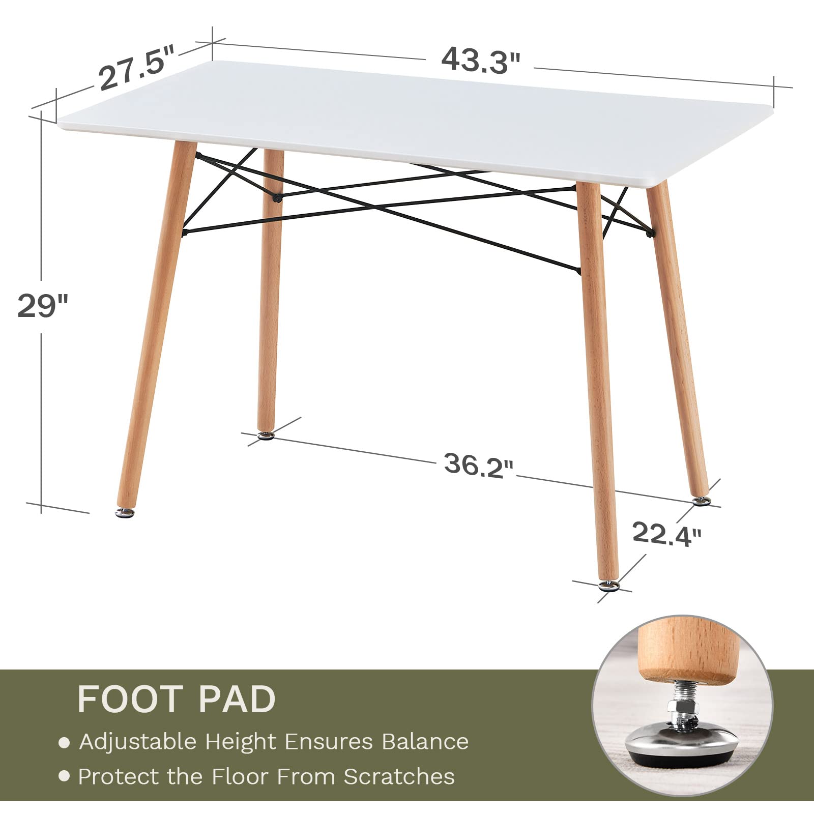 Modern Dining Kitchen Table 43.3"x27.5" Mid Century Dining Room Table with Wood Legs