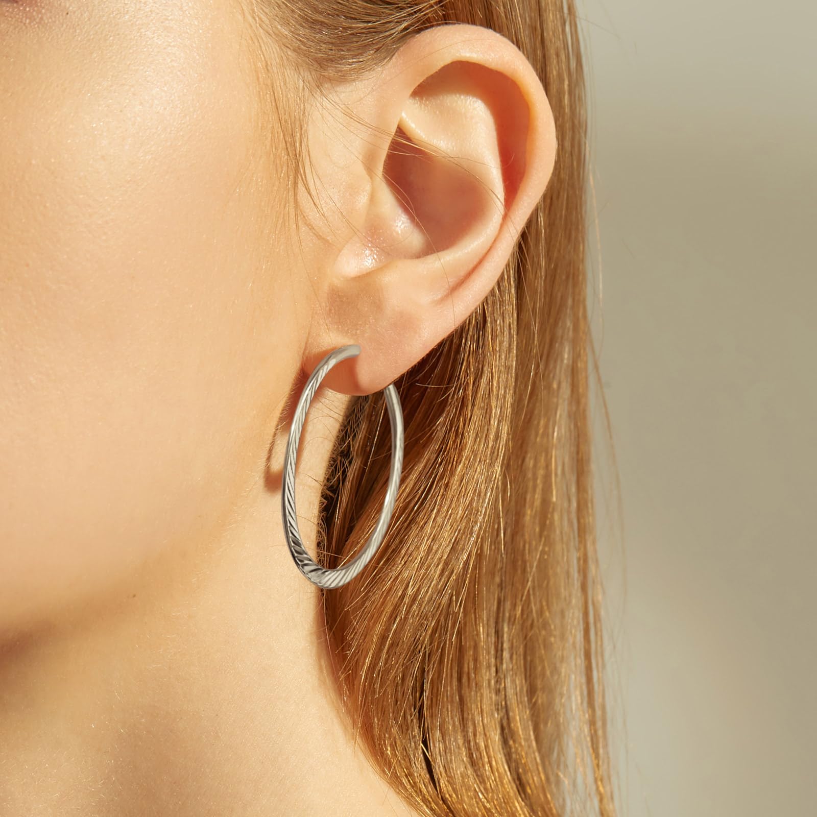 T400 Sterling Silver Hoop Earrings for Women Wide Flat Textured Round Medium Hoops (Diameter 40mm)