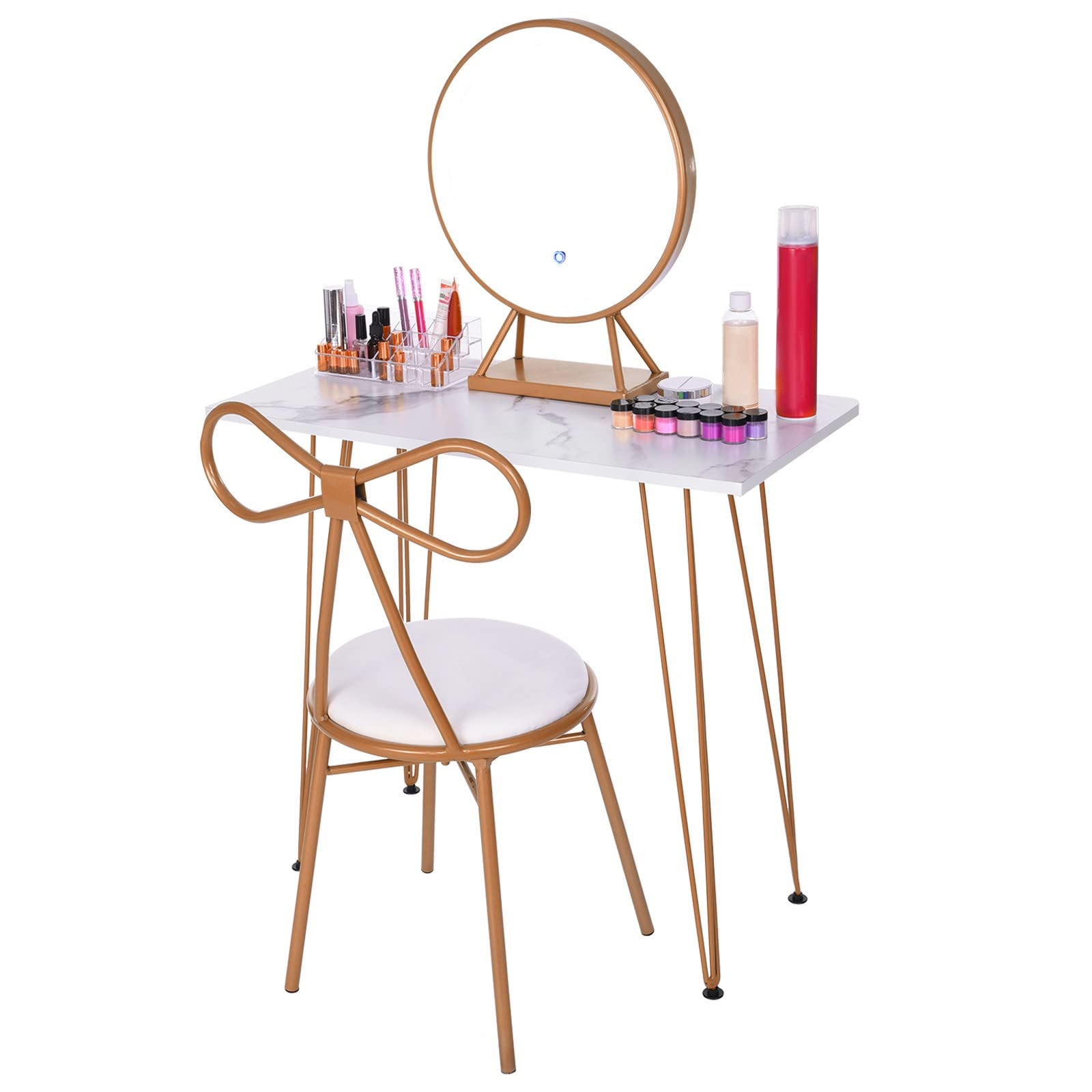 Vanity Desk with Lighted Mirror, Marble Makeup Table, Dressing Table with Cushioned Stool, Bedroom Makeup Vanity Dressing Desk for Women Girls, Adjustable Brightness
