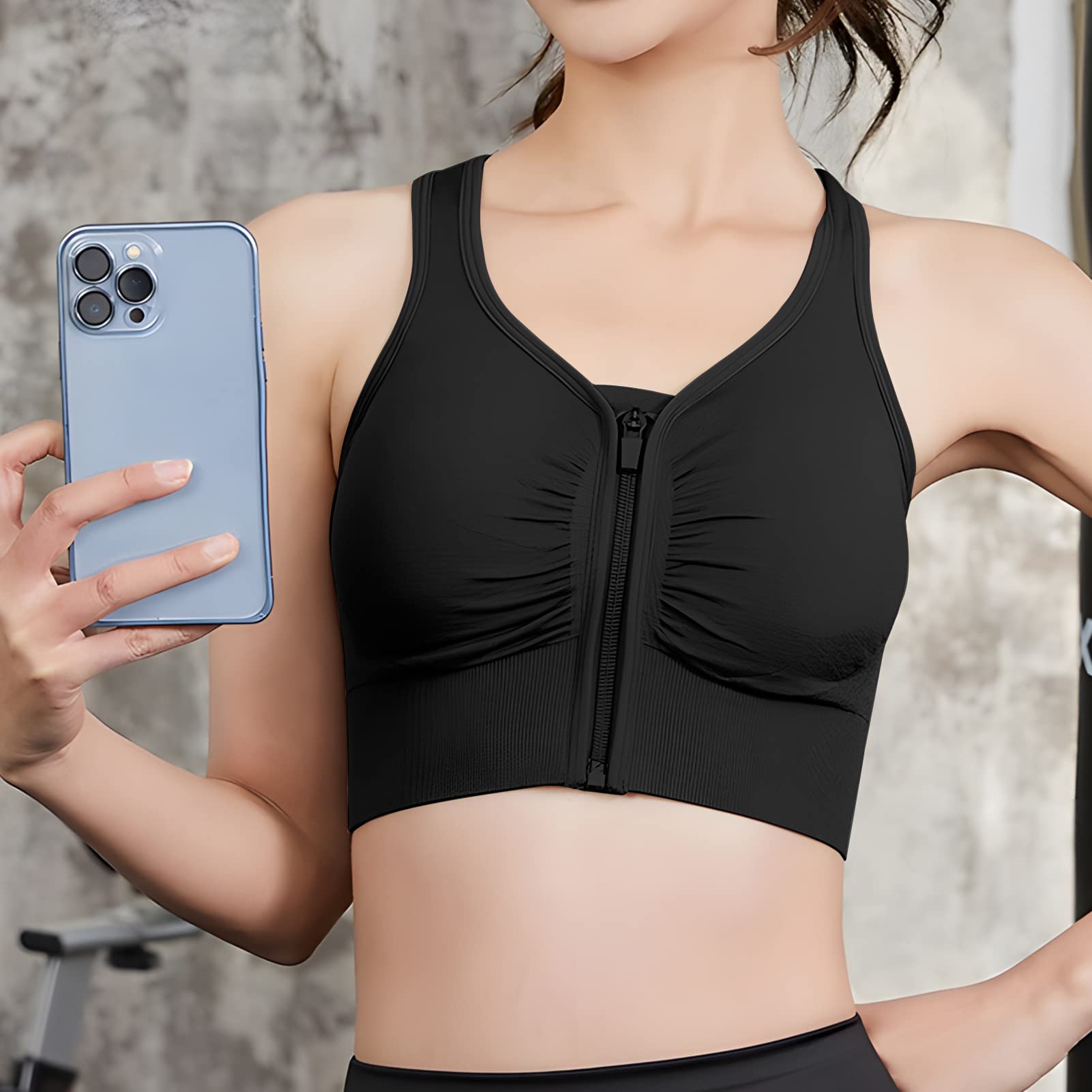 Unaone Sport Bras for Women, Soft Padded Breathable Seamless Comfort with Zipper for Running Workout Yoga Bra Black