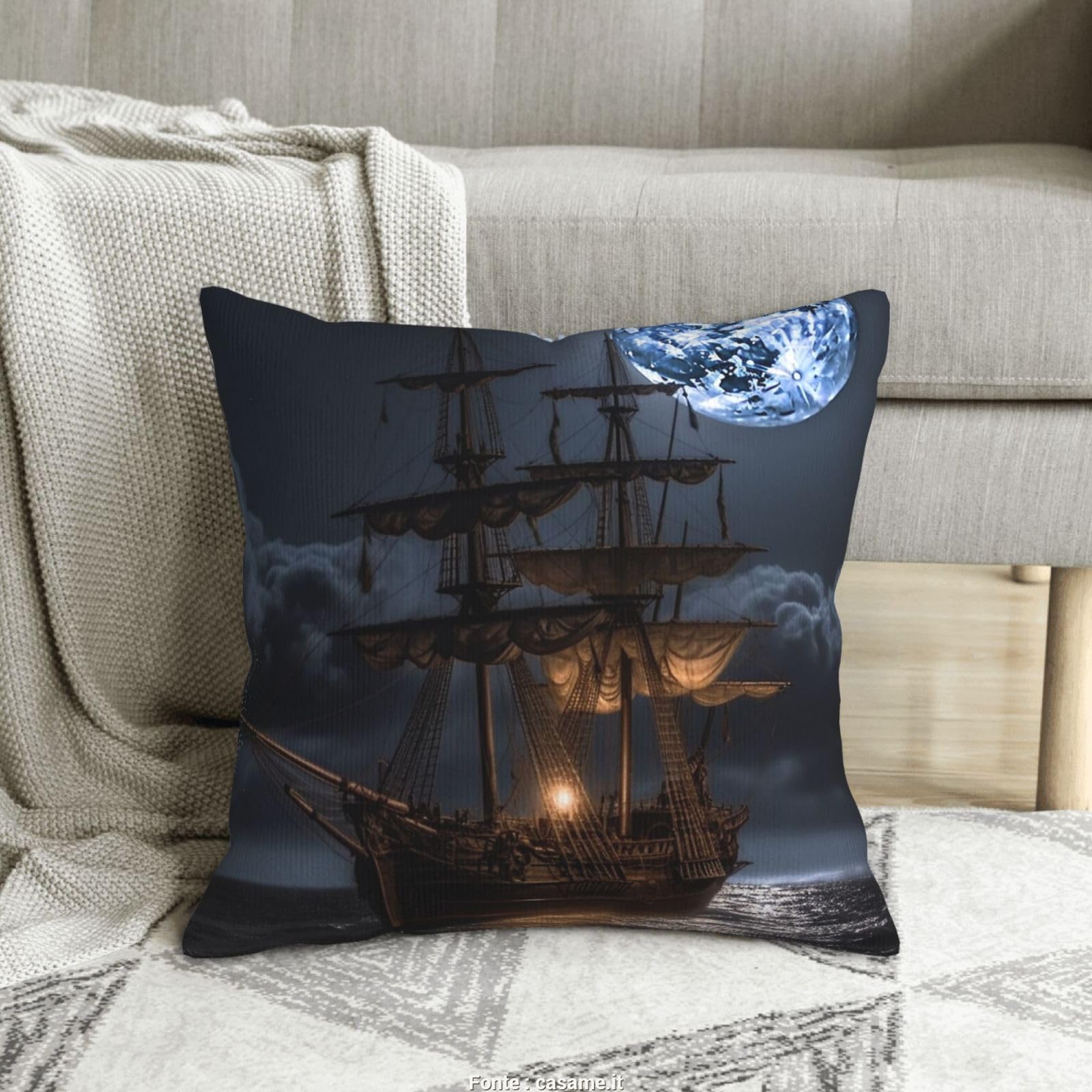Pirate Sailboat Full Moon Print Throw Pillow Cover Corduroy Soft Pillowcase with Hidden Zipper Decorative Cushion Covers for Sofa Living Room Home Decors 16"X16"