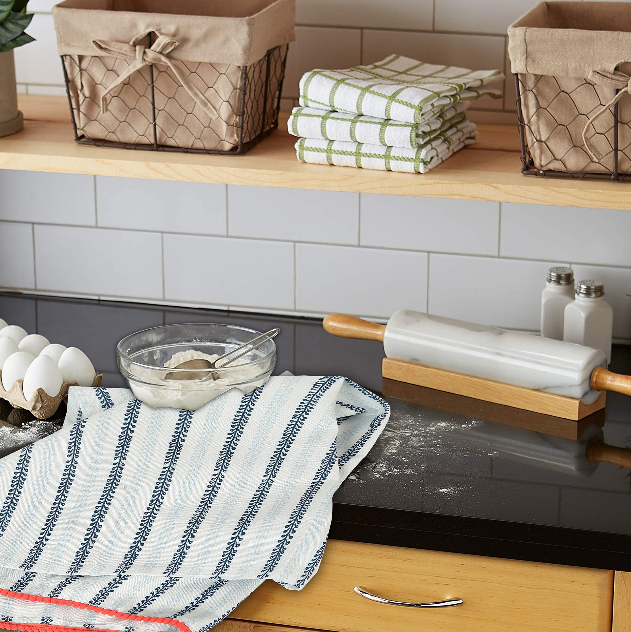 TARAN LIVING Amalfi Kitchen Towels Cotton with Trims Oversized Tea Towel Easter Table Decortaion Kitchen Decor Bar Mop Cotton Dish Towels Cloth - Blue & White - Set of 4-18x28 inches