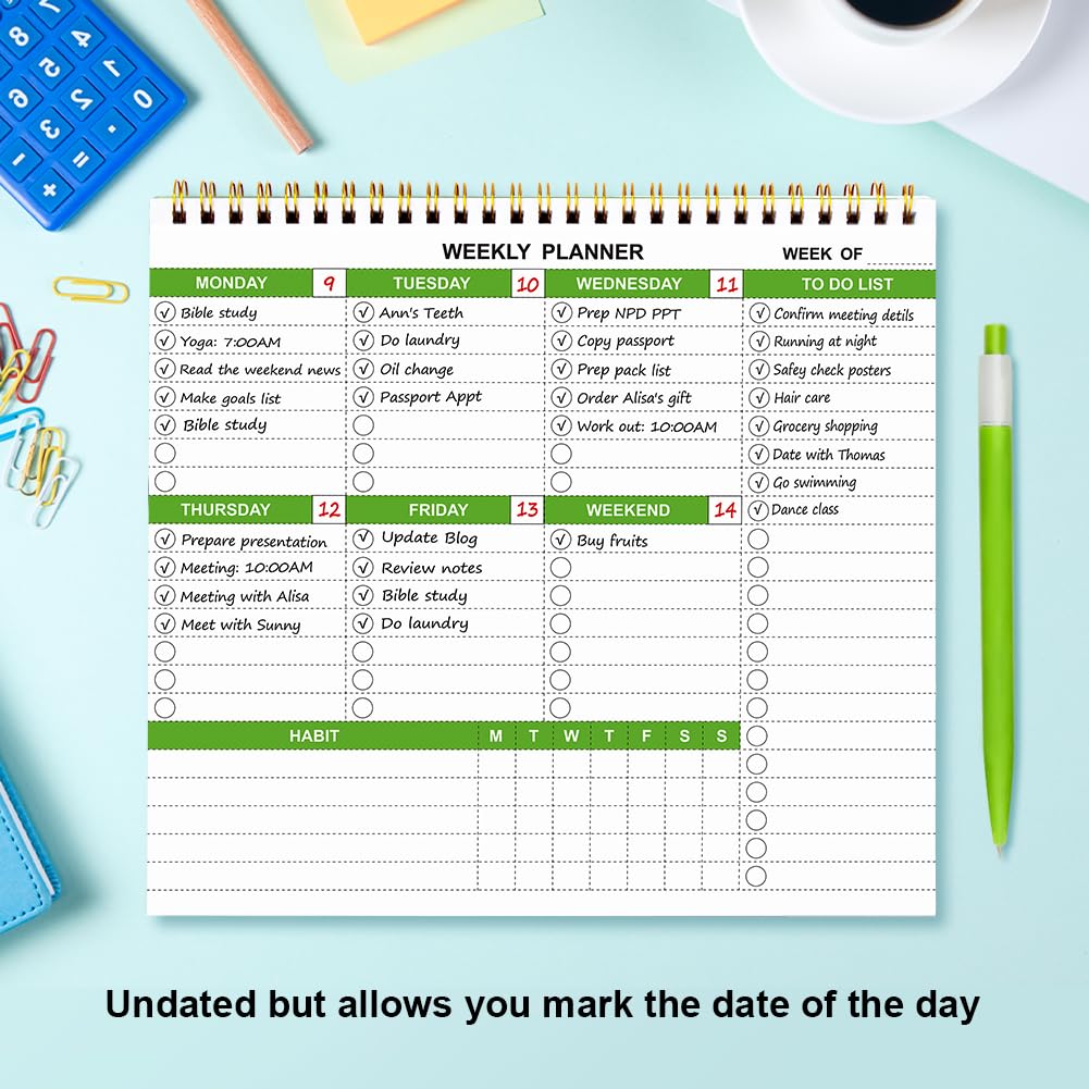 Spiral Weekly Planner with Habit Trackers, 8.7" X 9.5", 2 Pack Weekly To Do List Notepad with Calendar, 52 Sheets Tear Off Note Pad, Work and Personal Organizer