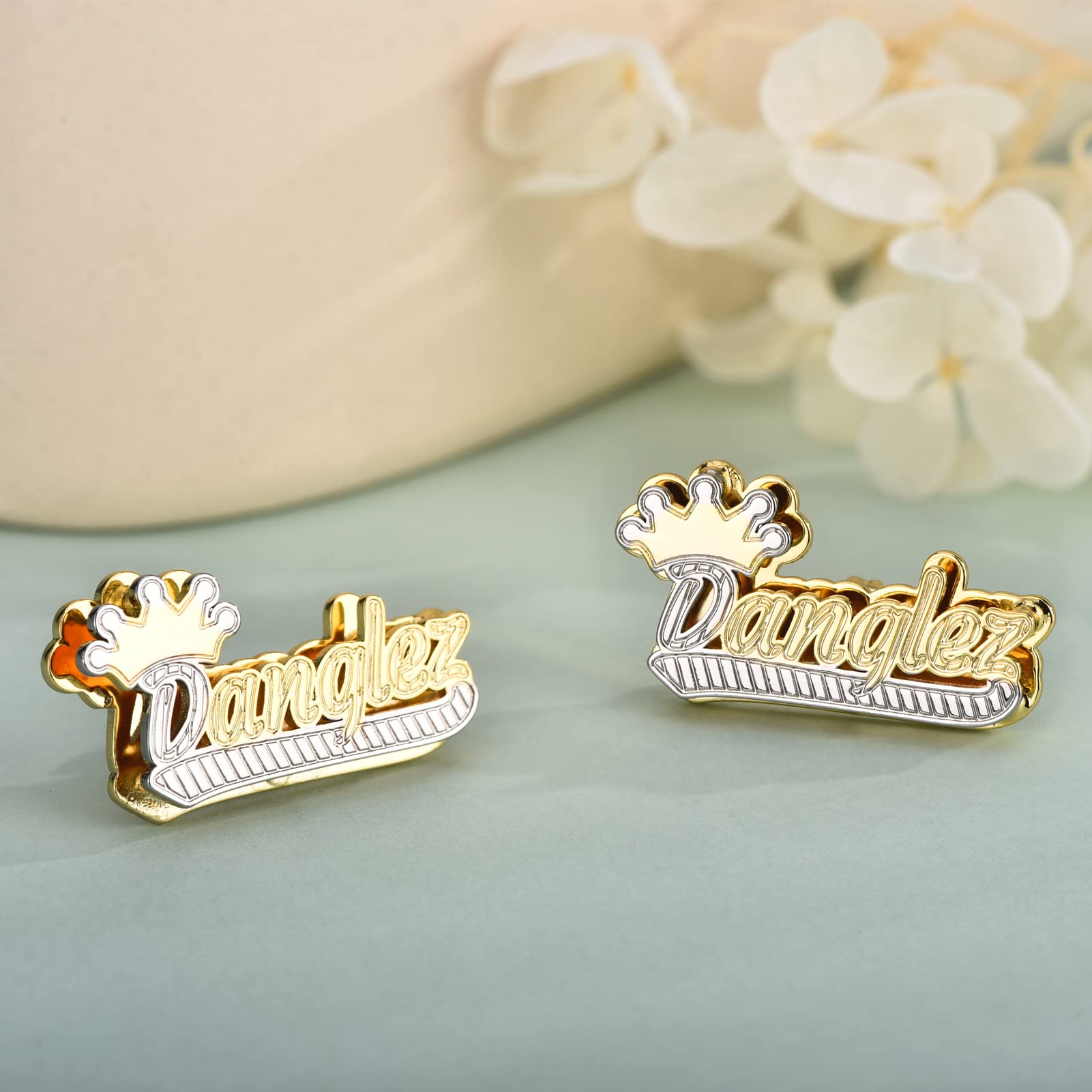 Stud Earrings Personalized for Women 18K Gold-Plate Custom Name Earrings Double Plate Personalized Stud Earrings with Crown Customize Earrings Jewelry Gift for Mother' Day