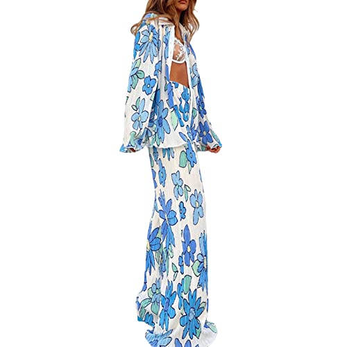 Women 2 Piece Pleated Pants Set Boho Floral Print Long Sleeve Button Down Shirt Summer Cute Linen Pants Outfits (Blue, M)