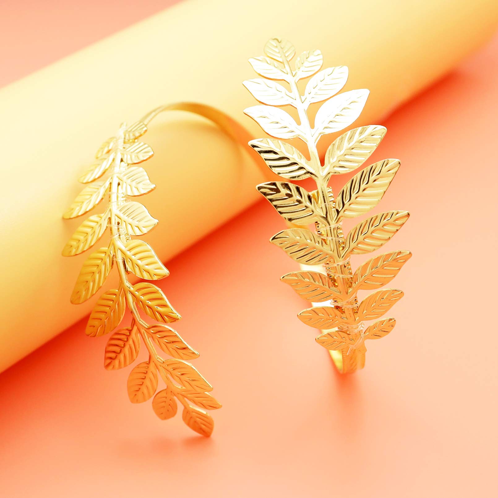 RechicGu Gold 2 Pieces Wedding Arm Bracelet Christmas Tree Leaf Cuff Bangle Band Upper Open Armlet Armband Adjustable Set Jewelry Minimalist Festival Dancer