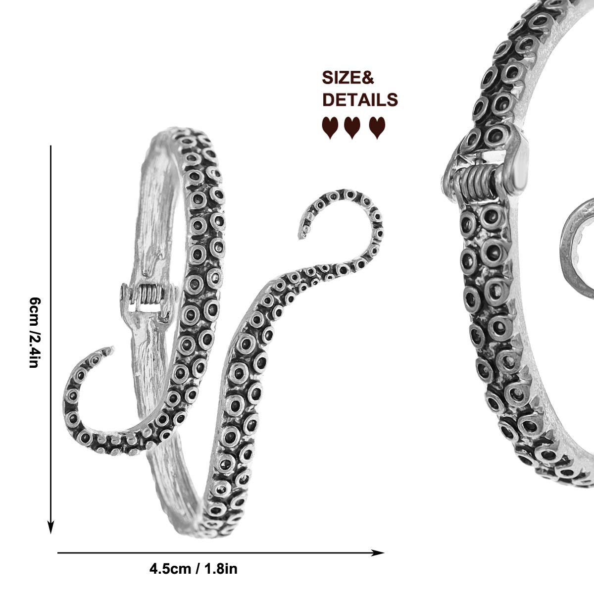 RechicGu Vintage Silver Octopus Tentacle Animal Sea Ocean Hinged Open Bracelet Bangle Cuff Scary Horror Goth