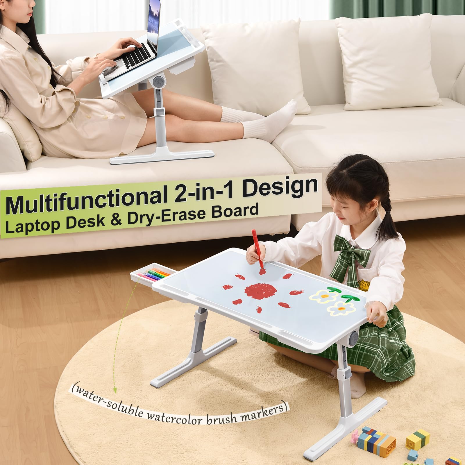 OGRANEE Kids Lap Desk, Dry Erase Table Adjustable Angles Height, Dry Erase Board for Kids with Drawer & Dry Eraser Markers, Foldable Bed Desk for Laptop and Writing, Drawing, Reading, White(24"*16.5")