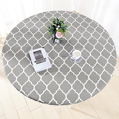 Zhuqing Heavy Duty Vinyl Round Fitted Tablecloth, Gray Moroccan Design, Spillproof Waterproof Elastic Table Cover with Flannel Backed Lining, Fits 40" to 44" Round Tableďźfor Indoor/Outdoor Use