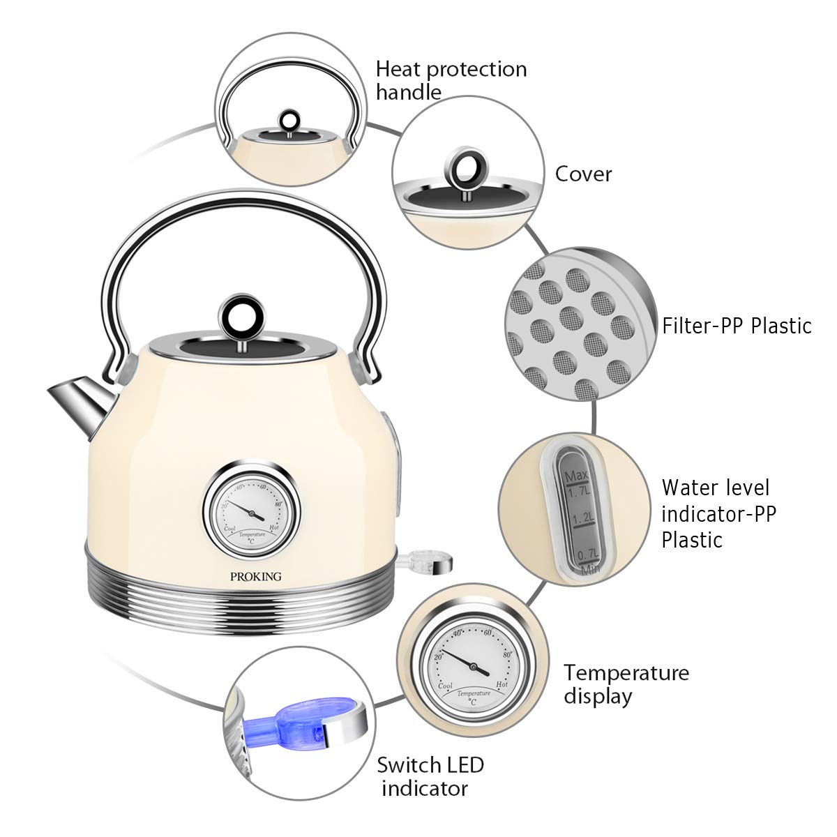 Retro Electric Kettle Stainless Steel 1.7L Tea Kettle, Hot Water Boiler with Thermometer&Led Light, Fast Boiling, Auto Shut-Off&Boil-Dry Protection (Beige)