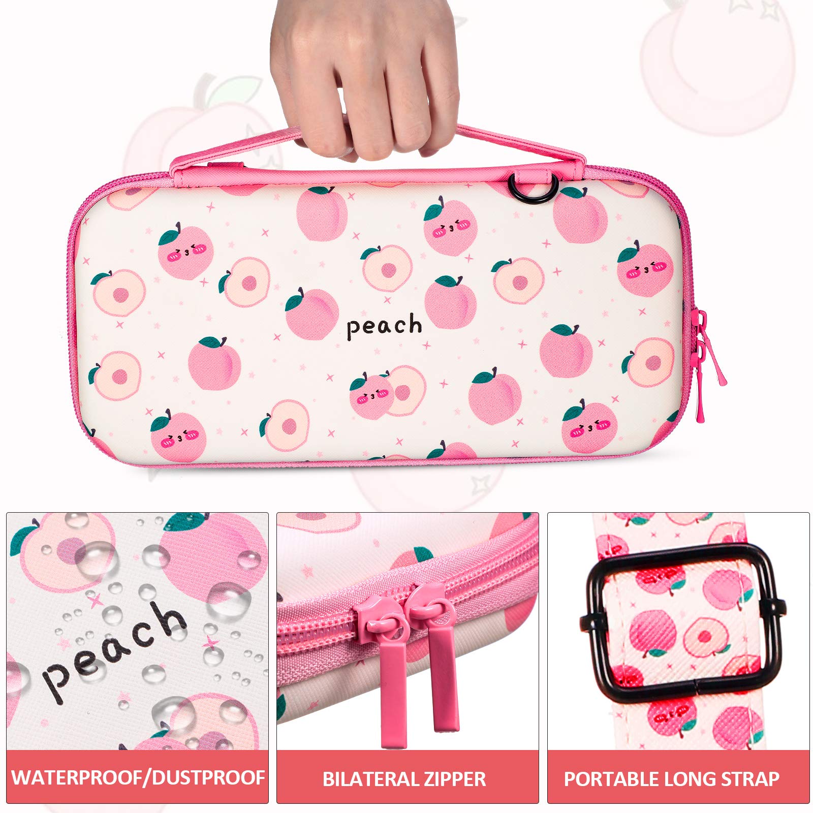 Peach Patterns Hard Shell Travel Carrying Case Portable and Protective Case with 2 Pieces Thumb Grip Caps Compatible with Nintendo Switch Accessories [Video Game]