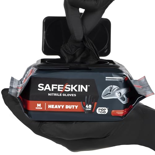 SAFESKIN Heavy Duty Nitrile Disposable Gloves, Pack of 160, Powder Free, Black - Plumbing, Gardening, Painting, Food Handling