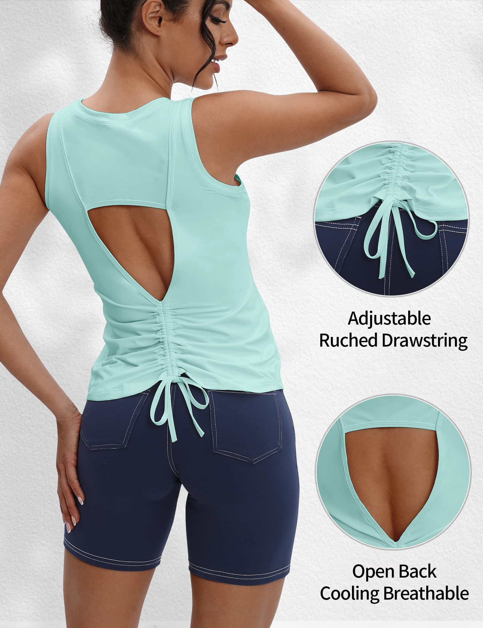 VOOVEEYA Ruched Workout Tops for Women Open Back - Going out Crop Tops Backless Yoga Tops Tie Back(Tops Light Green-M