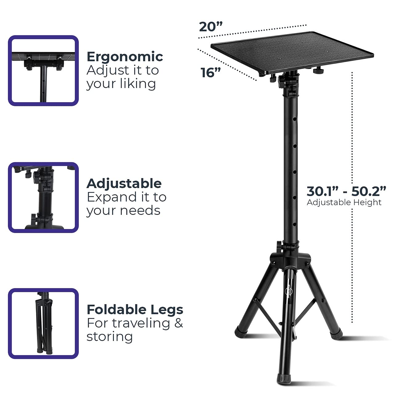 STARUMENT Laptop Stand - Tripod Floor Stand for Computer, Projector, DJ Equipment, Studio Accessories - Light & Portable, Sturdy & Durable Metal - Adjustable Height 31.9 to 50.2-Inches - 20x16 Tray
