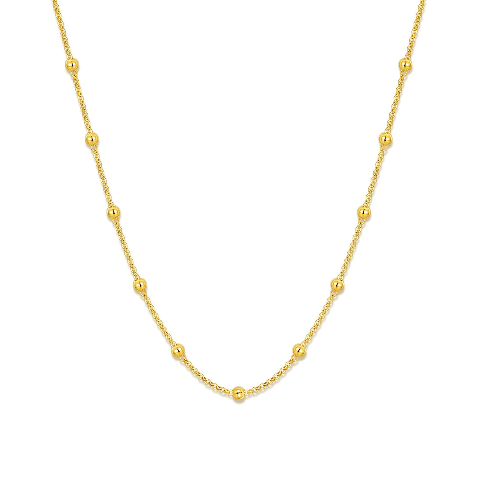 SISGEM Real 14k Gold Bead Station Choker Necklace for Women, 3 MM Ball Chain Jewelry Gifts for Her, 15-18 Inch