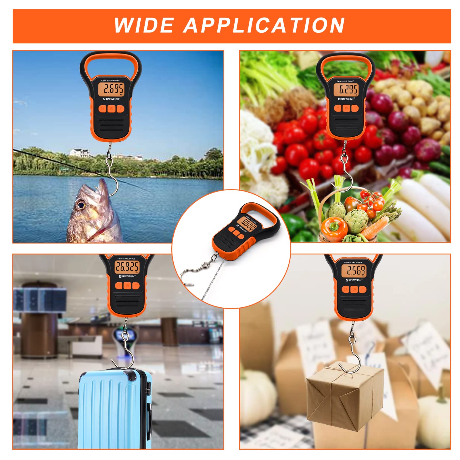 UNIWEIGH Digital Fishing Scale with Lip Gripper,Tape and Ruler,110lb/50kg Postal Hanging Luggage Scale with Hook,Waterproof Handing Scale for Home and Outdoor(Orange)