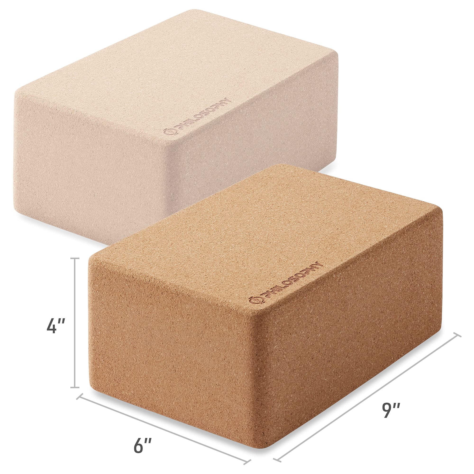Philosophy Gym 2 Piece Yoga Block Set - Solid Cork Bricks - 9 x 6 x 4-inch Thick