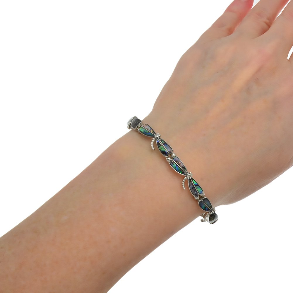 PammyJ Thin Dragonfly Abalone Silvertone Stretch Bracelet