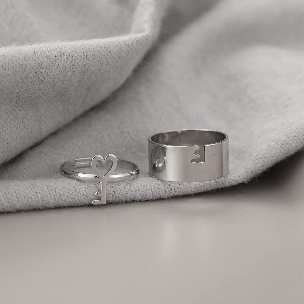Vintage Couple Ring Mushroom Love Key Ring Wedding Bands Sets for Him and Her (Heart shaped key) Silver