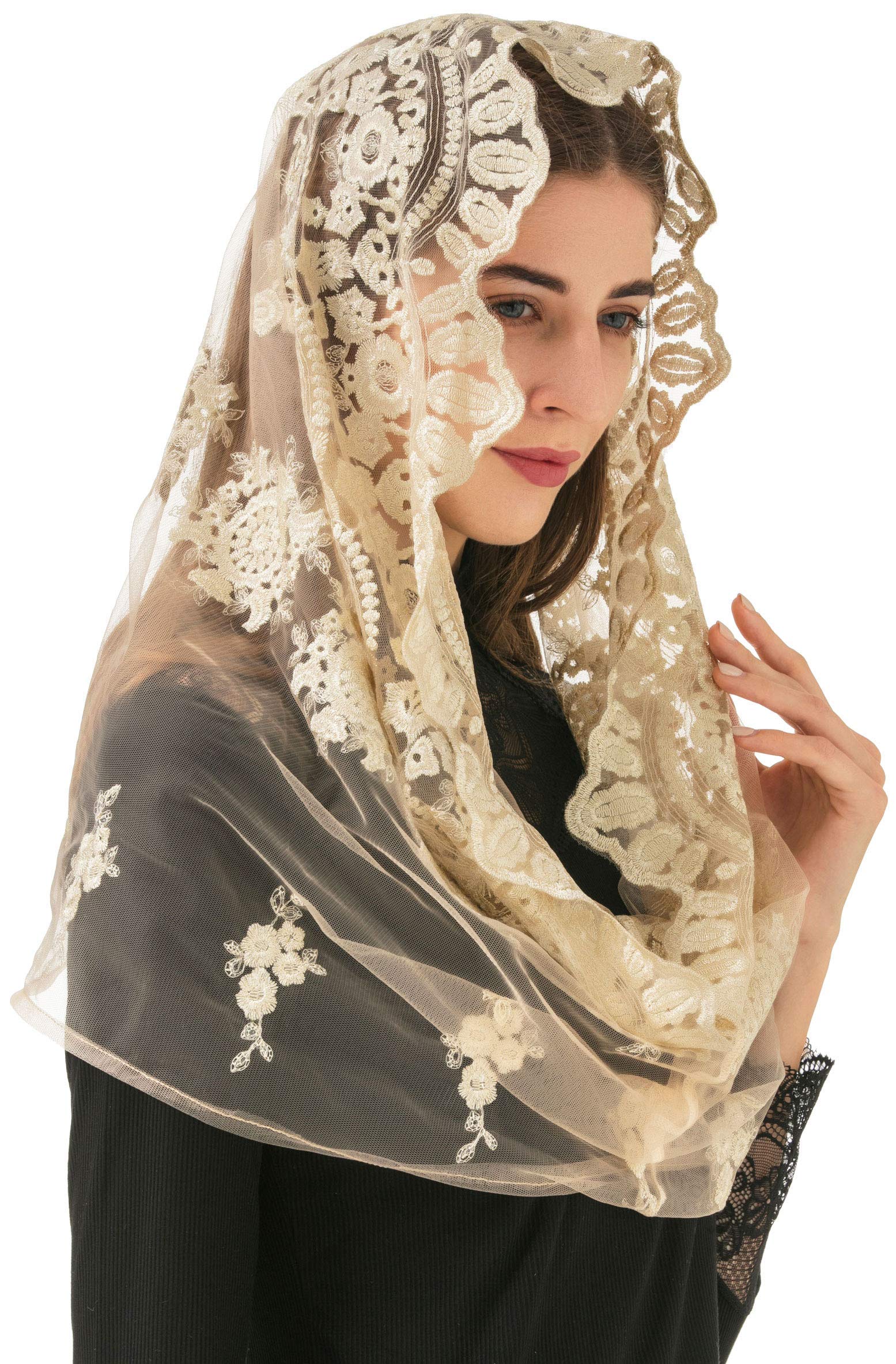 PAMOR Gold Embroidered Traditional Vintage Inspired Infinity Veil Mantilla Veils Mass Head Covering