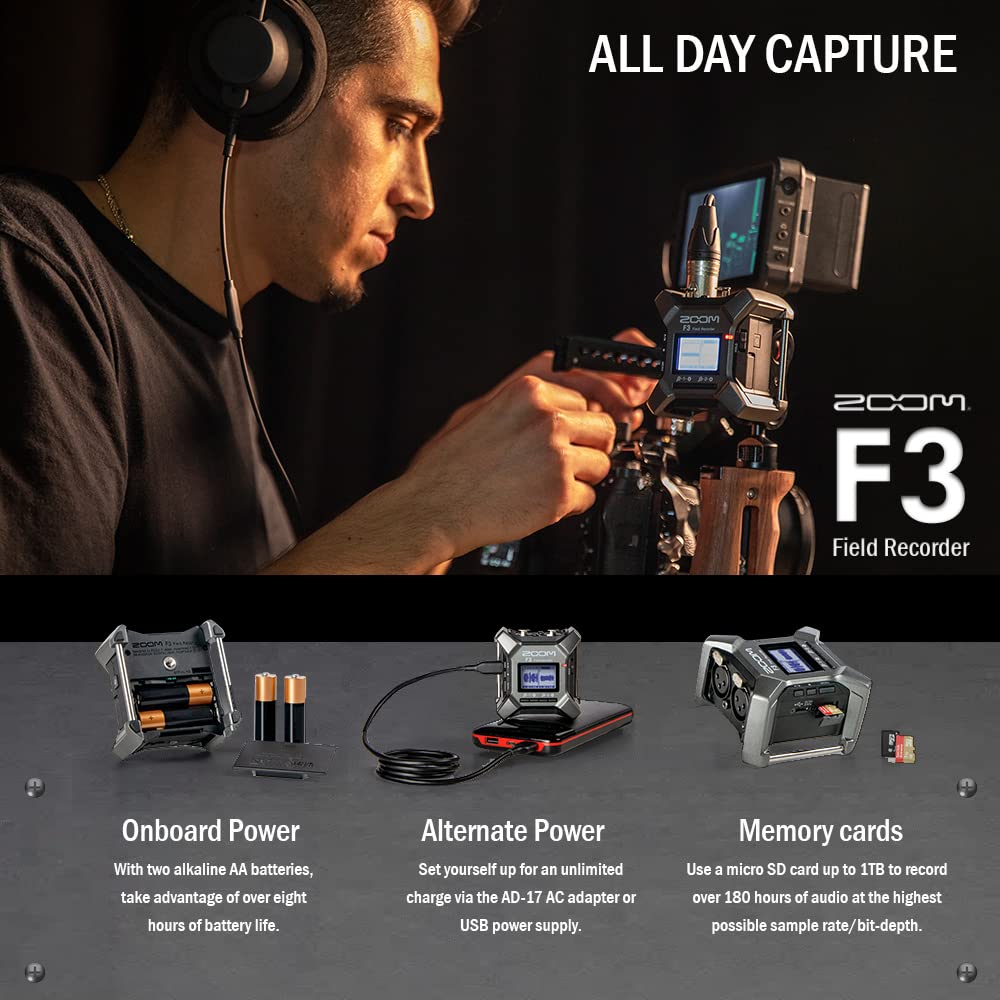 Zoom F3 Professional Field Recorder, (ZF3) 32-bit Float Recording, 2-Input / 2-Track Portable XLR/TRS Recorder, Battery Powered, w/Basic Bundle Xpix Headphones, 32GB, Table Tripod & More