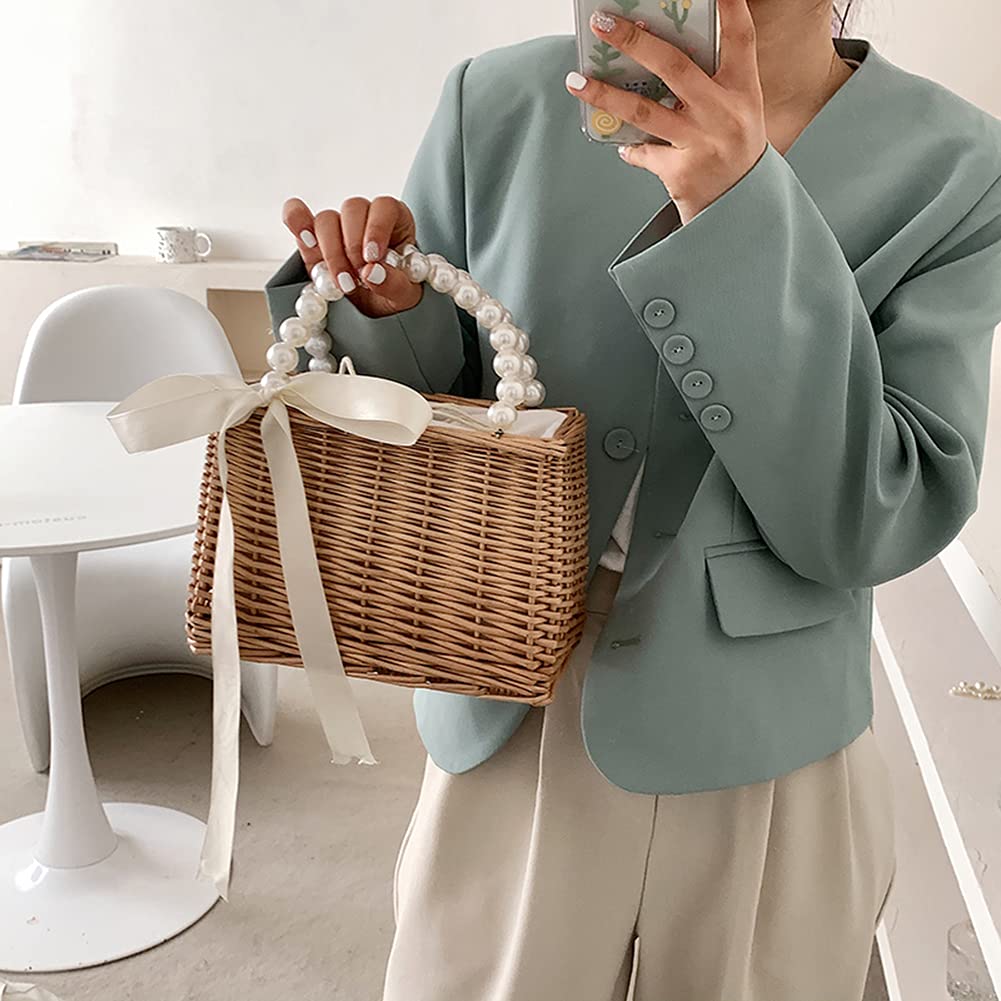 Pearl Handle Rattan Handbag, Straw Shoulder Bag Tote Bags, Mini Basket Handbag