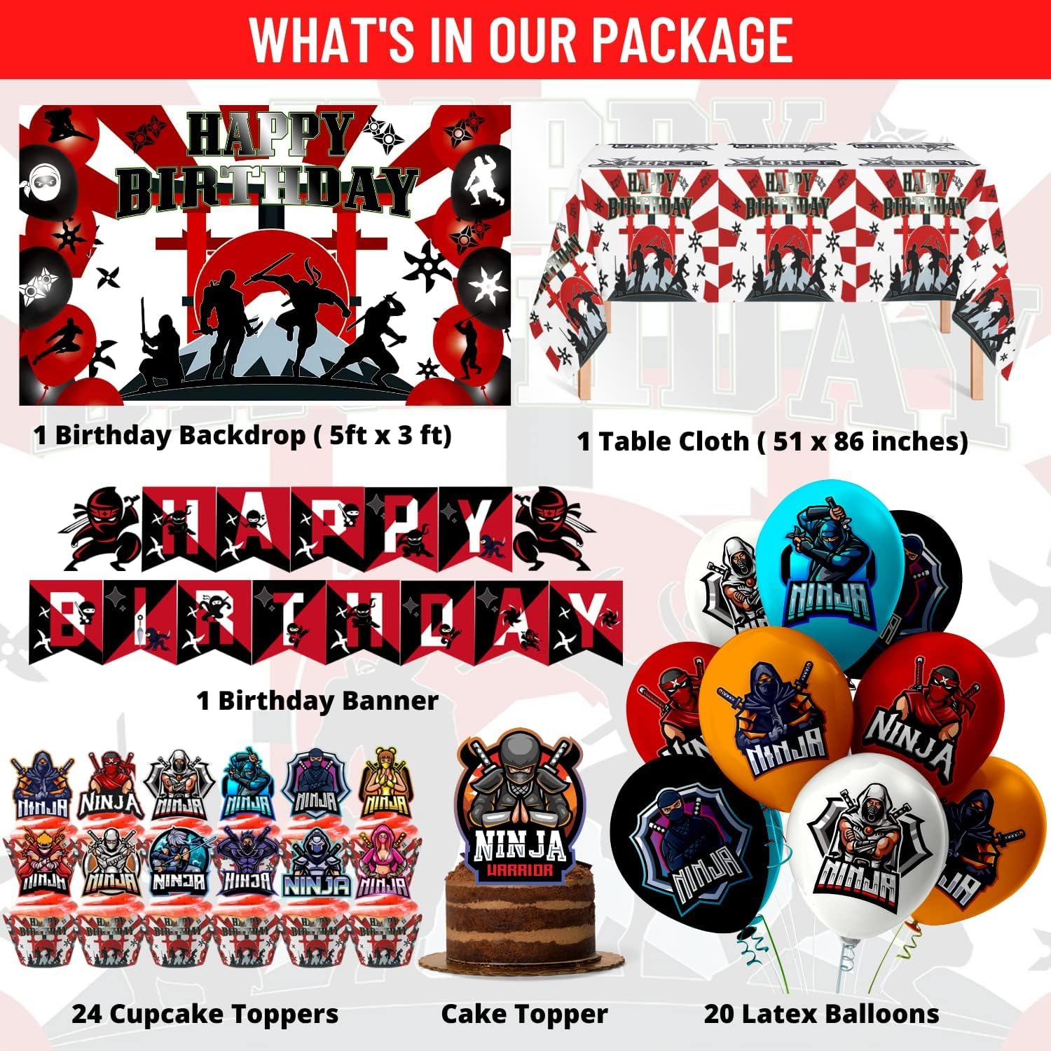 Nelton Ninja Party Supplies Includes Cake Topper, 24 Cupcake Toppers, 20 Latex Balloons, Happy Birthday Backdrop, 1 Table Cloth , 1 Banner