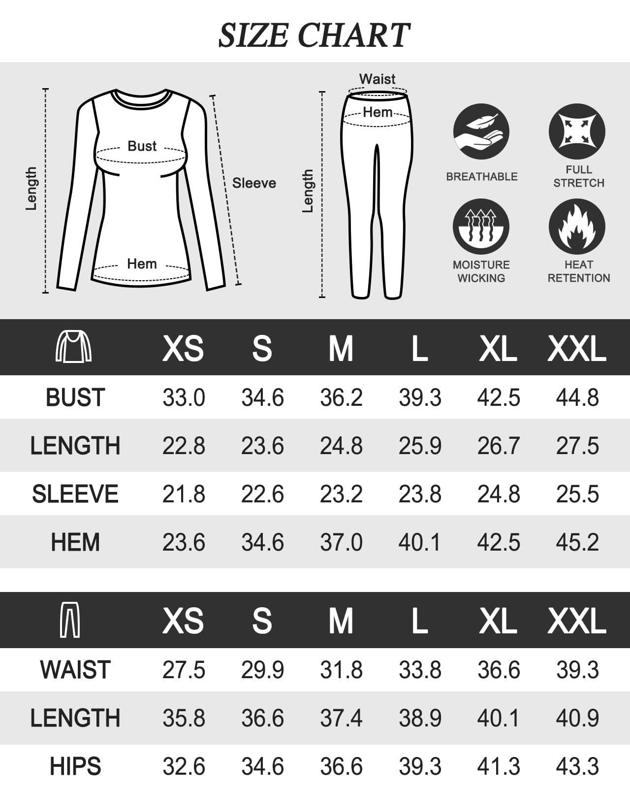 Women's Thermal Underwear Set, Soft Polyester Fleece Lined Base Layer Long Johns Top & Bottom Lightgrey
