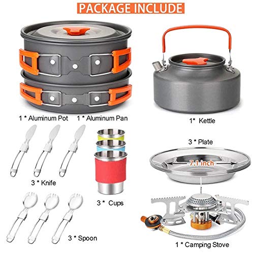 YFDM Camping Travel Equipment Tableware Cookware Kit Pots Burner Gas Stove Accessories Kitchen Utensils Sets Picnic BBQ Supplies