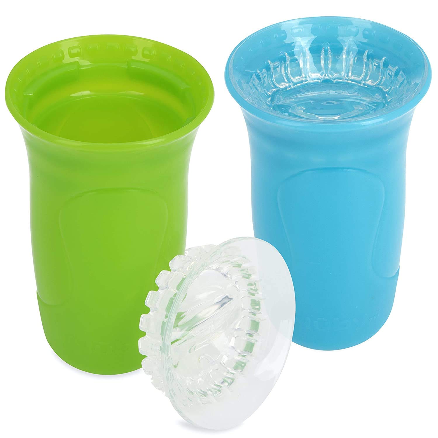 Nuby No Spill Edge 360 10 oz Cup with Silicone Rim, 2 Pack (green/aqua)