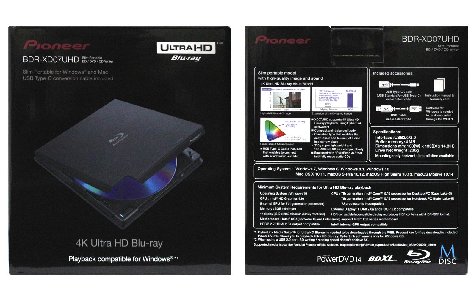 Produplicator Pioneer BDR-XD07UHD Portable 6X Ultra HD 4K Blu-ray Burner External Drive Bundle with Cyberlink Software Download Installation Code and USB Cable - Burns CD DVD BD DL BDXL Discs