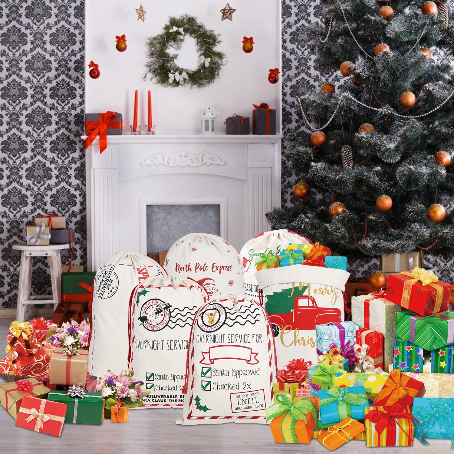 PIXHOTUL 6 Pack Santa Sacks Large Christmas Cotton Bags Drawstring Christmas Sacks for Kids 27.5" x 19.5"