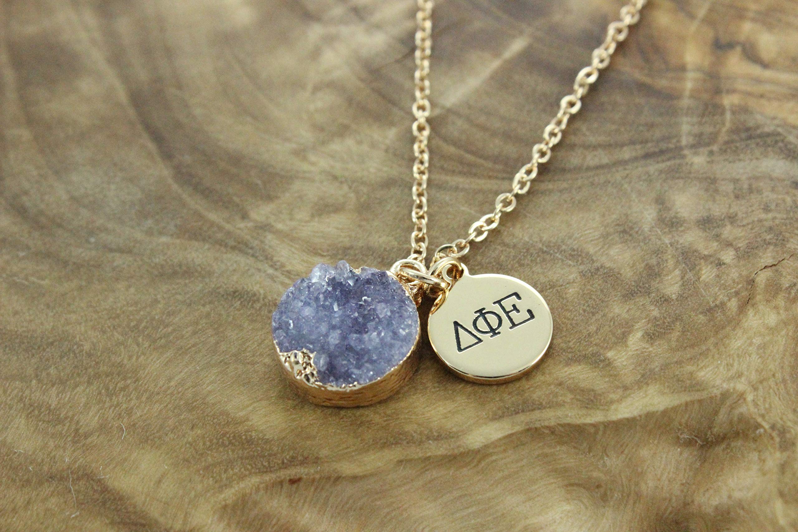 Sorority Shop DPE Necklace - Delta Phi Epsilon Purple Druzy Gemstone Necklace With Engraved Pendant β 14K Gold Dipped Jewelry with Purple Gemstone β Sorority Gift, Charm Paraphernalia