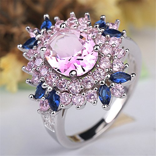PAMTIER Women's Stainless Steel Pink Flower Ring with Zircon Gemstone Size 7