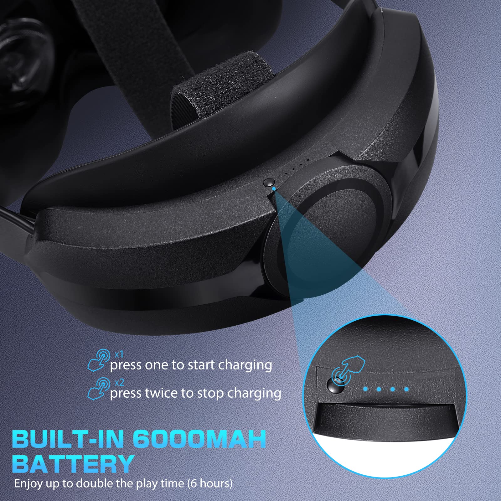 VR Head Strap with Battery 6000mAh for Quest 2, Vrbort Adjustable Elite Strap Replacement with Fast Charging Power Comfortable VR Head Strap Black
