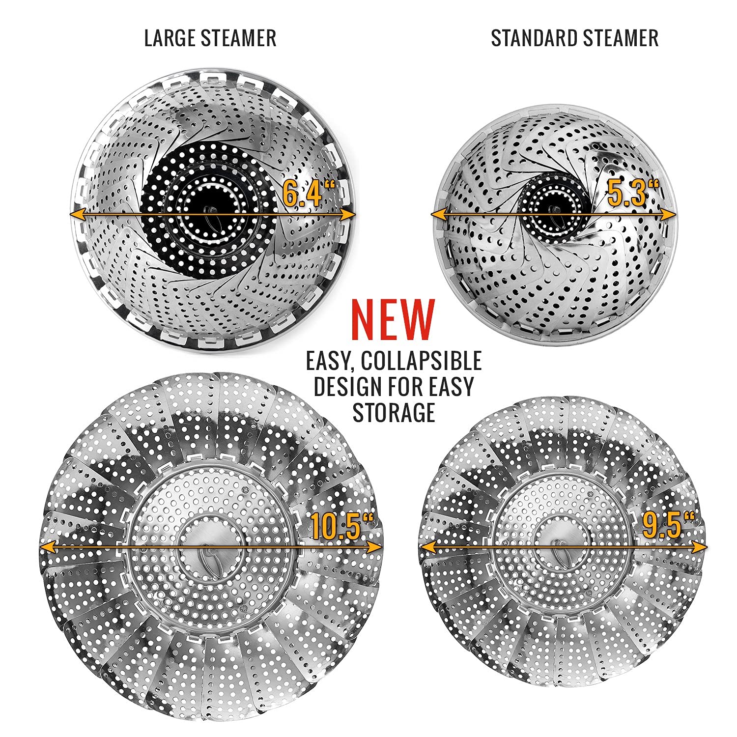 Two-Pack Vegetable Steamer Baskets (Two Sizes) Folding Expandable Steamer Inserts for Instant Pot Accessories, Safety Tool, Stainless Steel, Pressure Cooker, Pot in Pot, Food Steamer Cooking