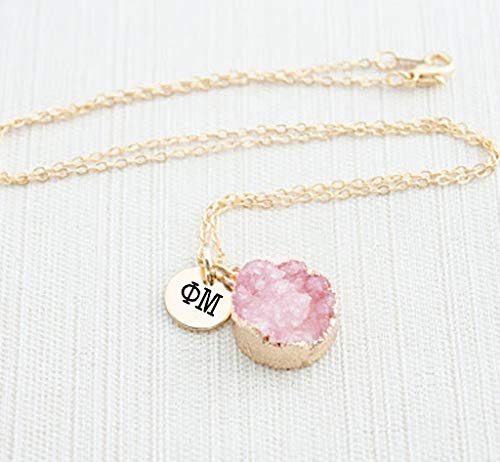 Sorority Shop PM Necklace - Phi Mu Pink Druzy Gemstone Necklace With Engraved Pendant β 14K Gold Dipped Jewelry with Pink Gemstone β Sorority Gift, Charm Paraphernalia