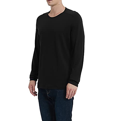 YUERD M&W Merino Wool Long Sleeve Crew Base Layer Mens 100% Merino Wool Active Thermal Underwear Shirts for Men Midweight Black