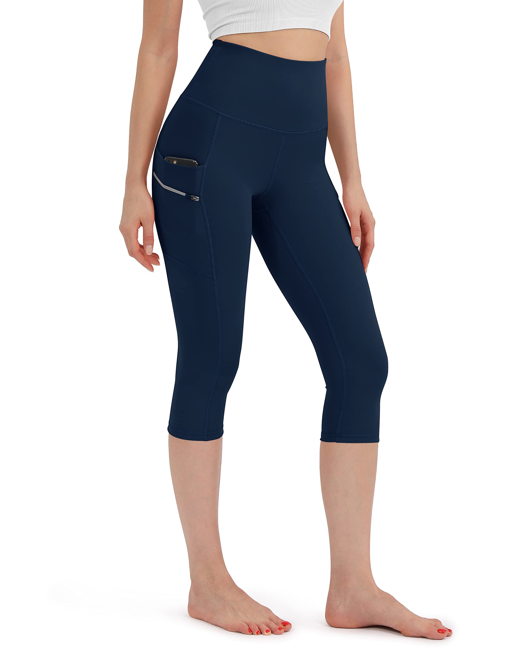ODODOS Women's High Waisted 19" Inseam Dual Pockets Workout Capris, Yoga Running Gym Athletic Capris Leggings, Navy, Medium