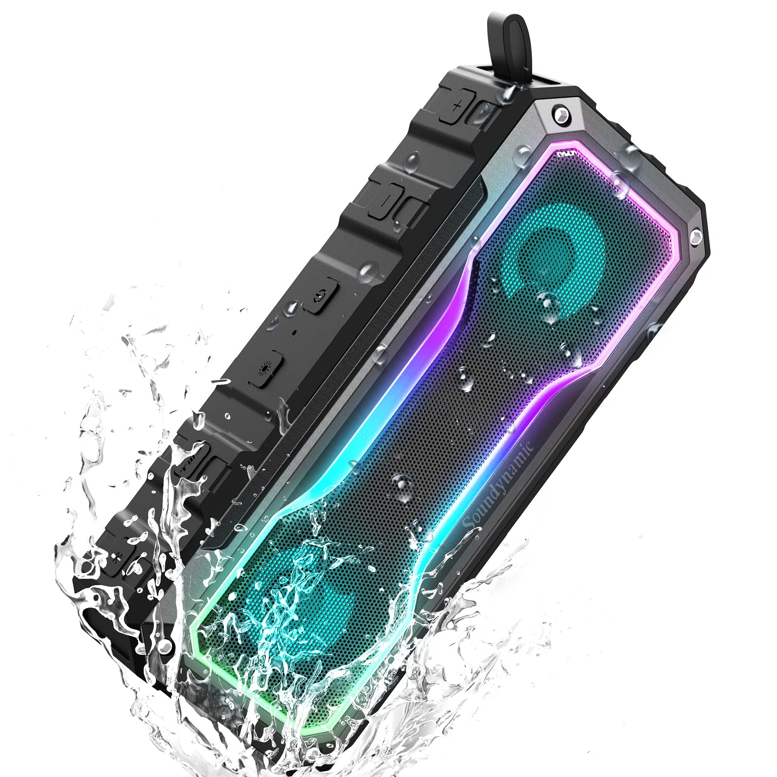 soundynamic Portable Bluetooth Speaker, Twinkle Wireless Speaker with 20H Playtime, Low Bass, IPX7 Waterproof, True Wireless Stereo Pairing, Mixed Colors Lights for Home, Party, Beach, Travel - Black